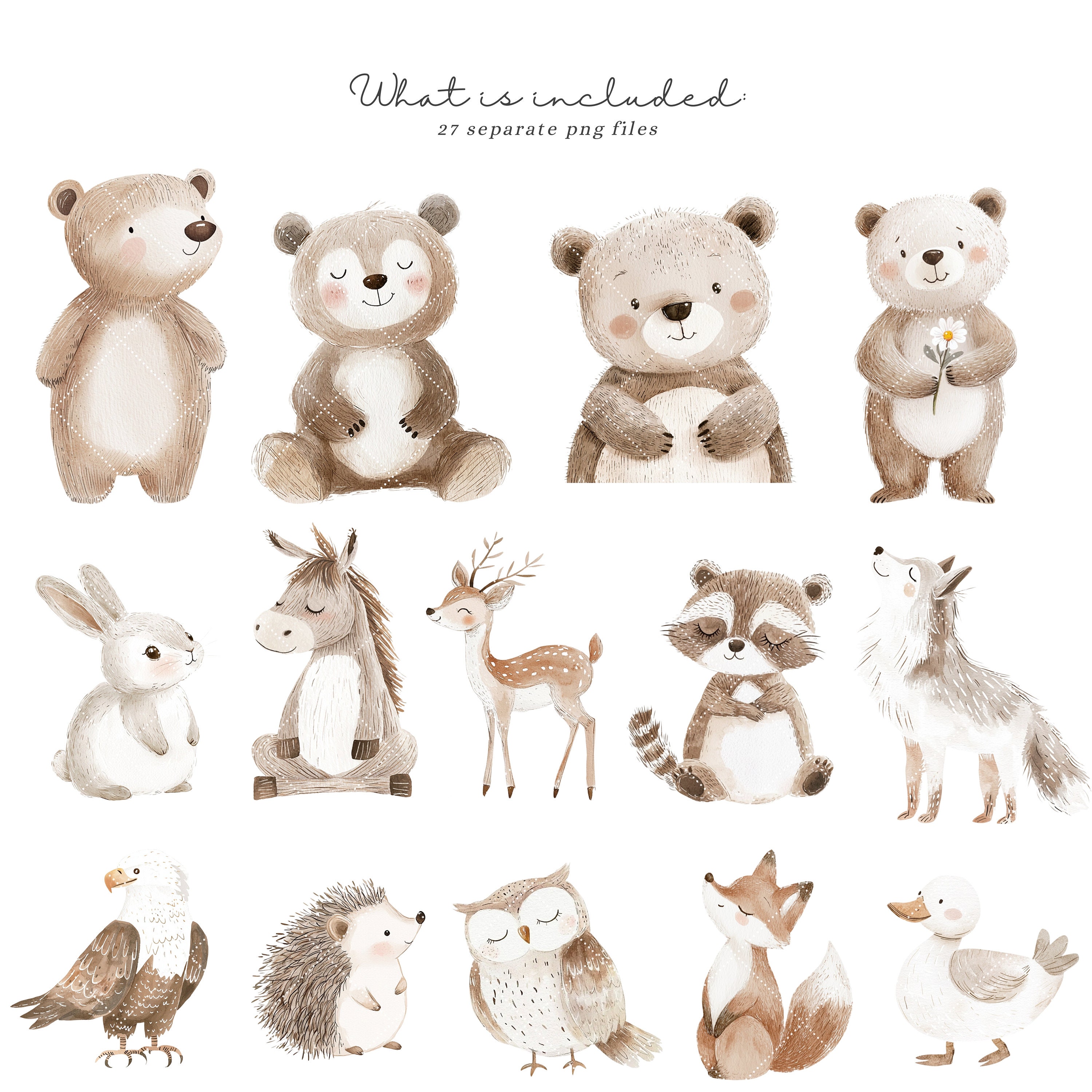 Watercolor Woodland Animals Clipart, Cute Animals Clipart, Baby Bear ...