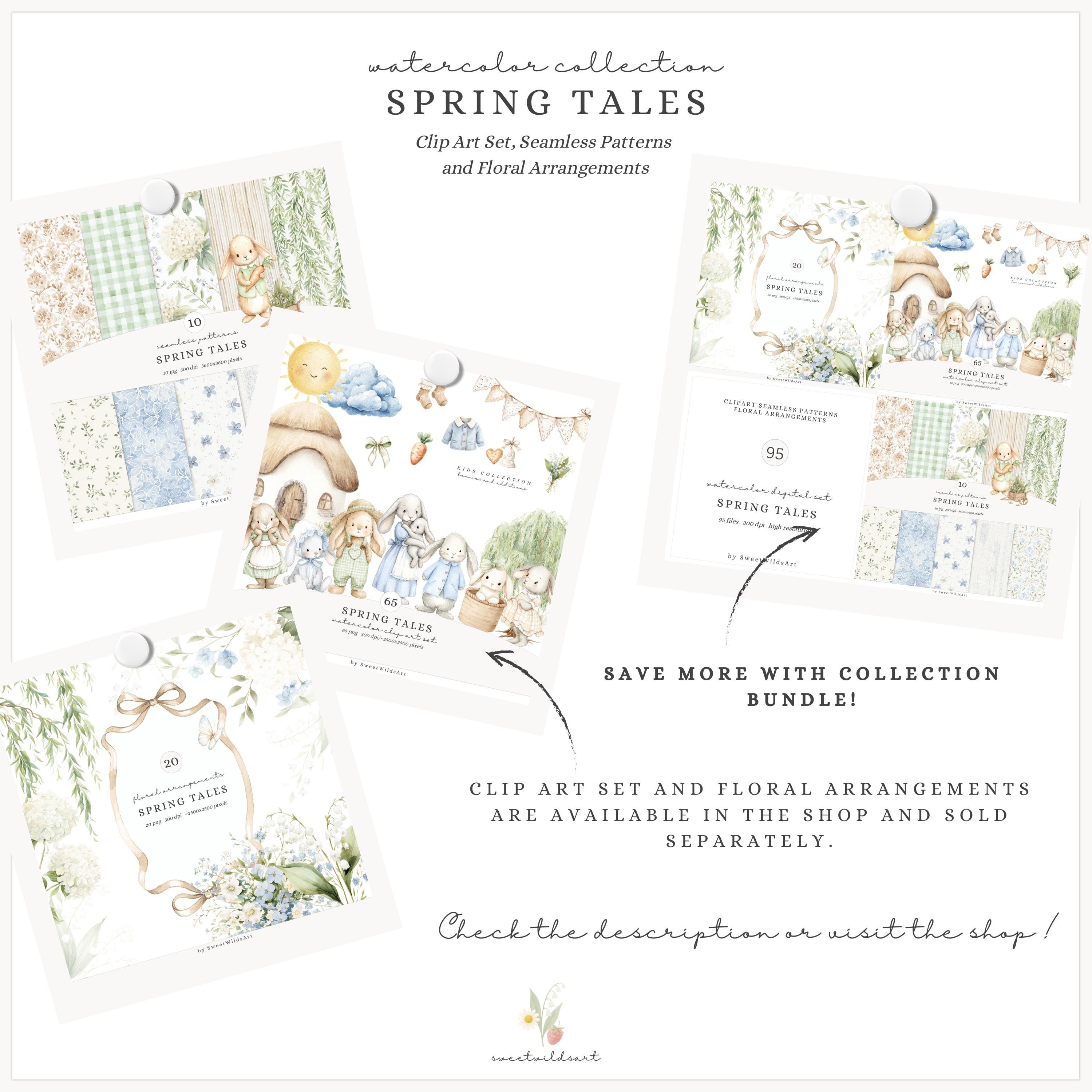 Watercolor Spring Tales Seamless Patterns, Spring Patterns, Gingham ...