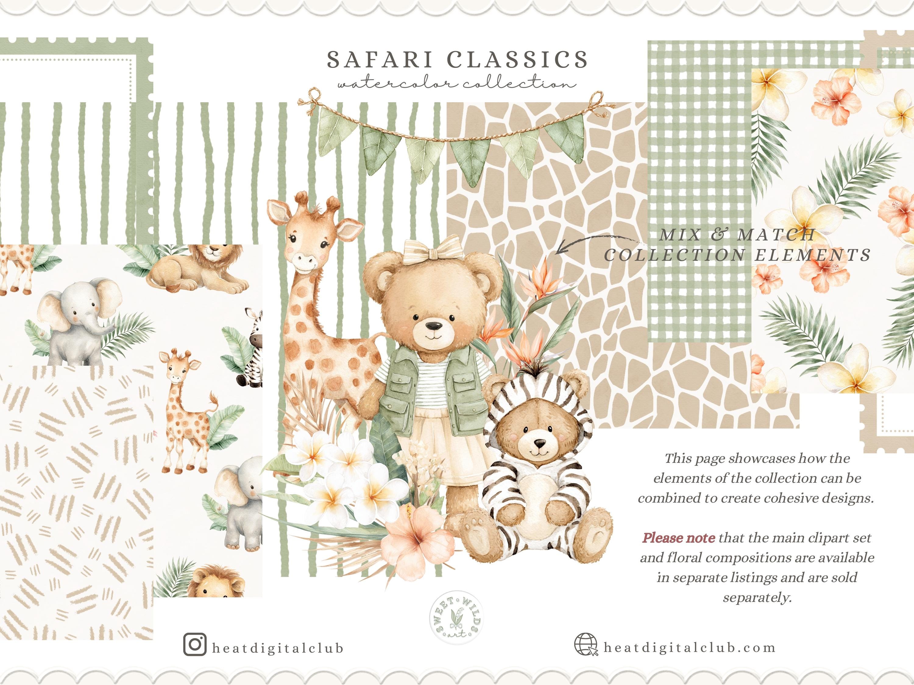 Watercolor Safari Seamless Patterns, Jungle Animals, Tropical Leaves ...
