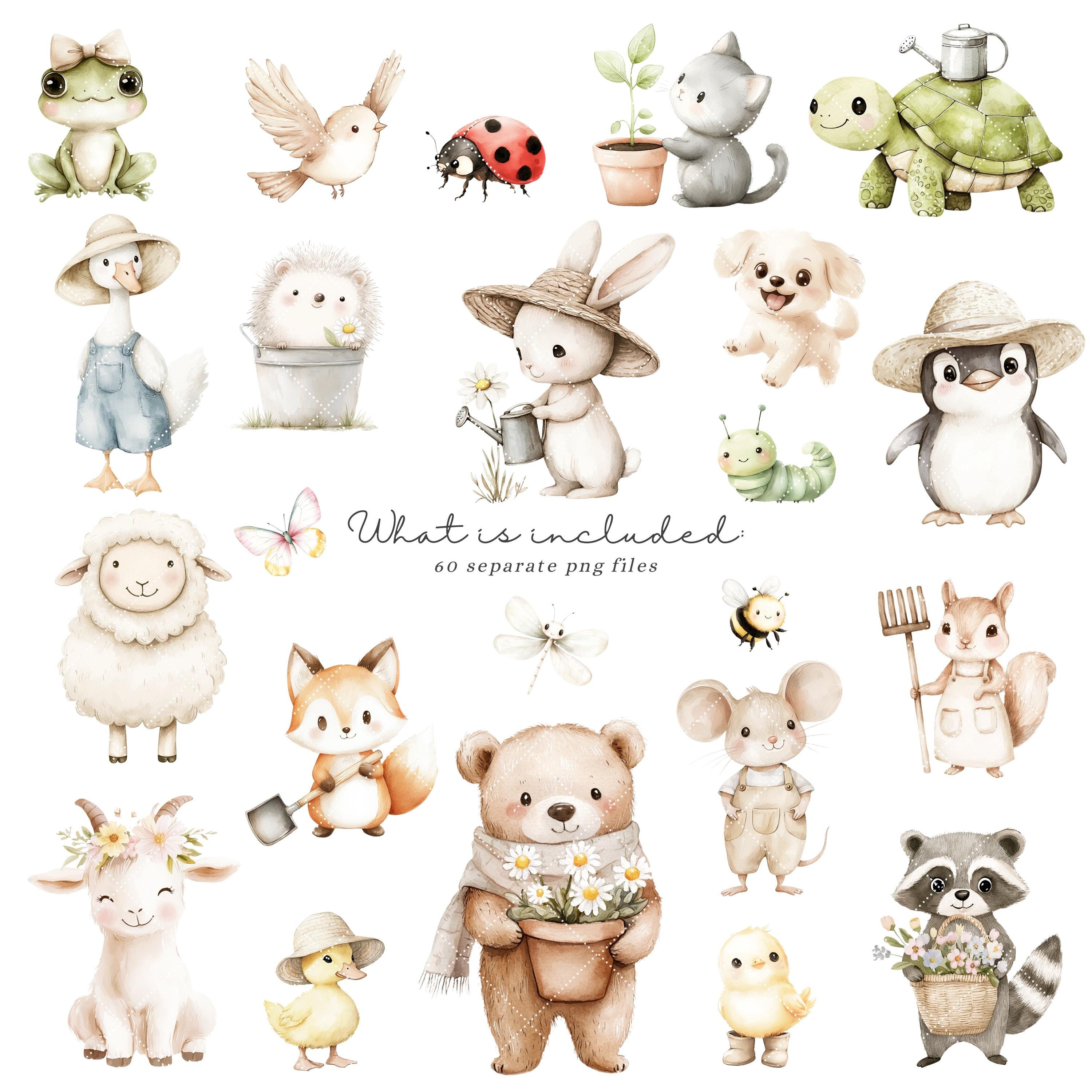 Garden Pals Watercolor Clipart Set, Cute Spring Animals Clip Art ...