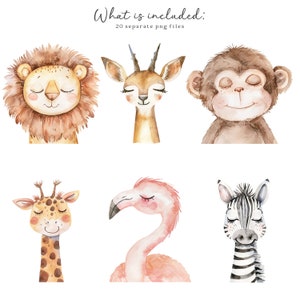 Watercolor Safari Portraits Clipart, Cute Animals Clipart, Baby Animals ...