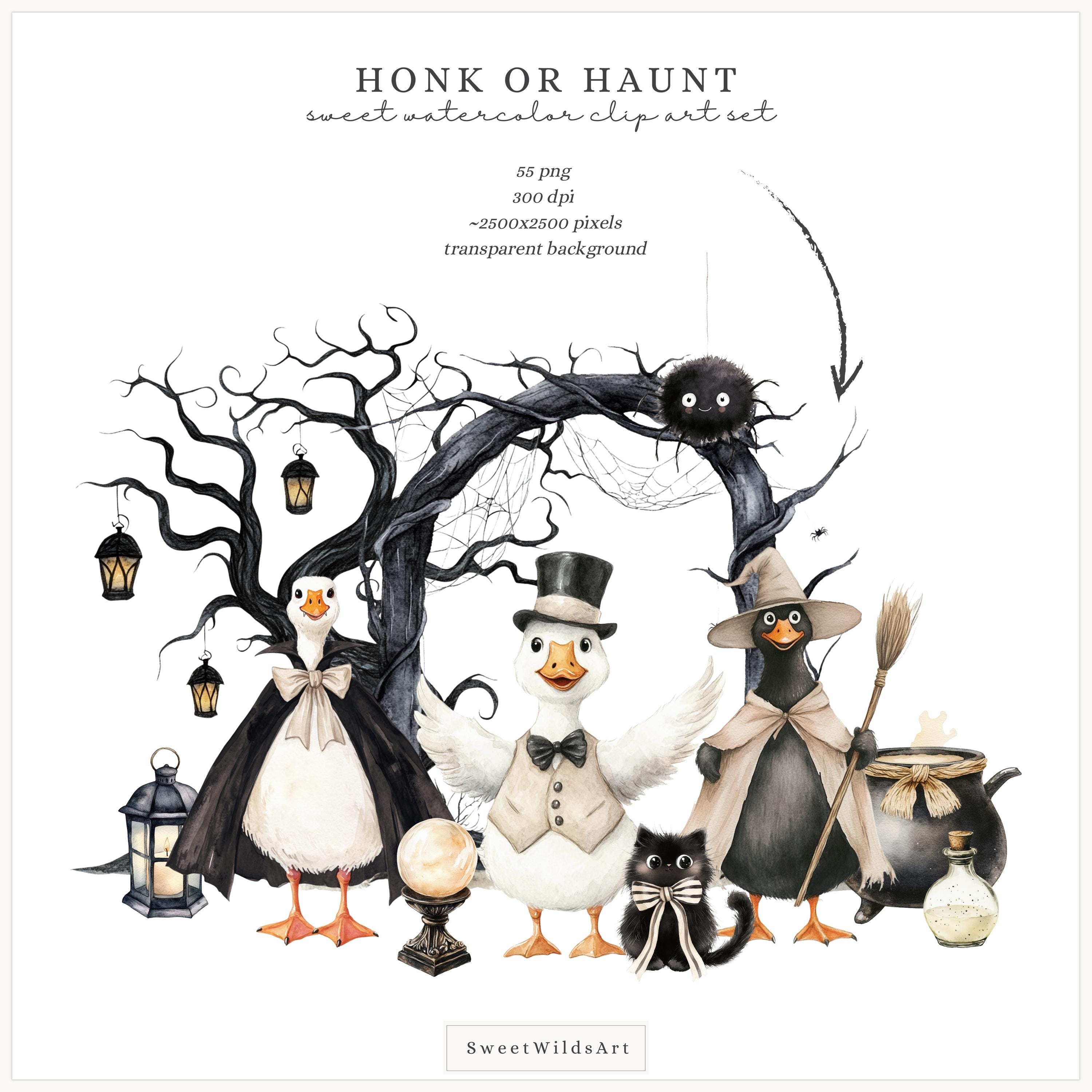 Watercolor Halloween Goose Clipart Set, Cute Spooky Geese PNG ...