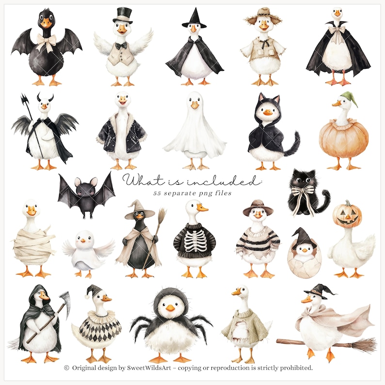 Watercolor Halloween Goose Clipart Set, Cute Spooky Geese PNG ...