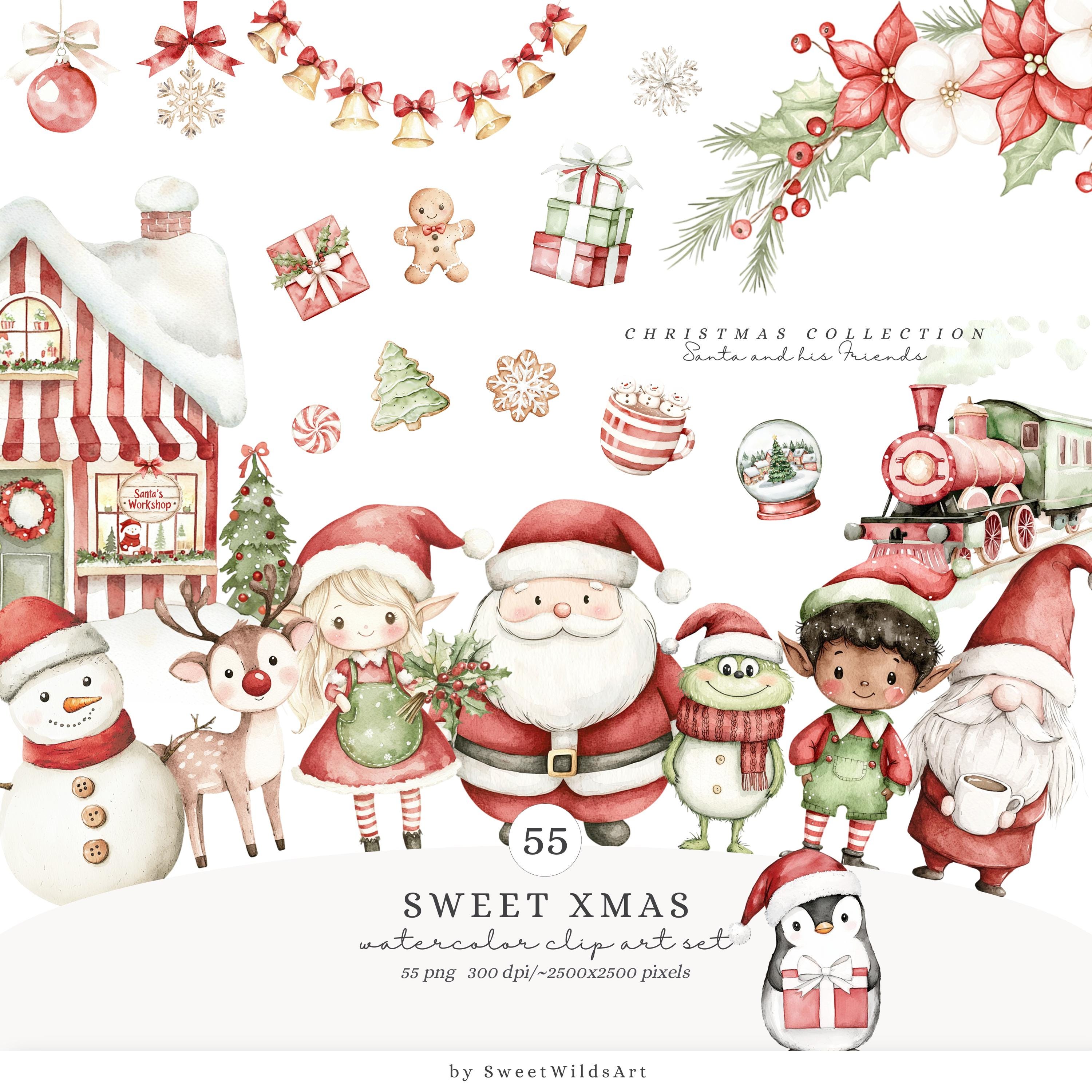 Watercolor Cute Christmas Clipart, Sweet Xmas PNG, Santa Claus Clip Art ...