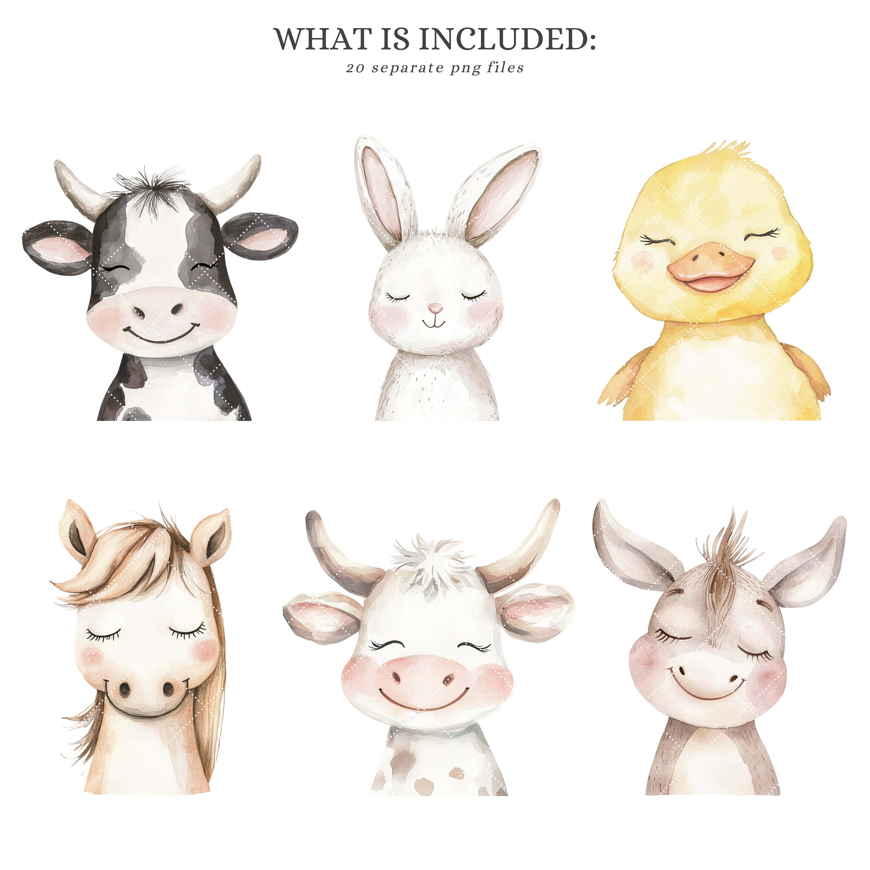 Watercolor Farm Portraits Clipart, Cute Animals Clipart, Baby Animals ...