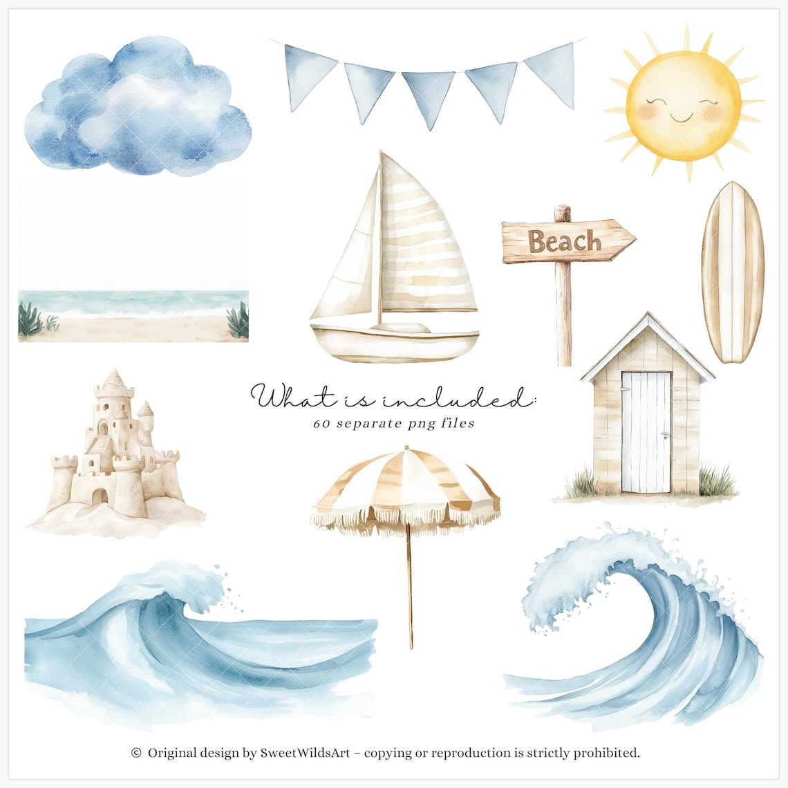 Watercolor Vacation Vibe Clipart, Cute Beach Animals, Ocean Nursery ...