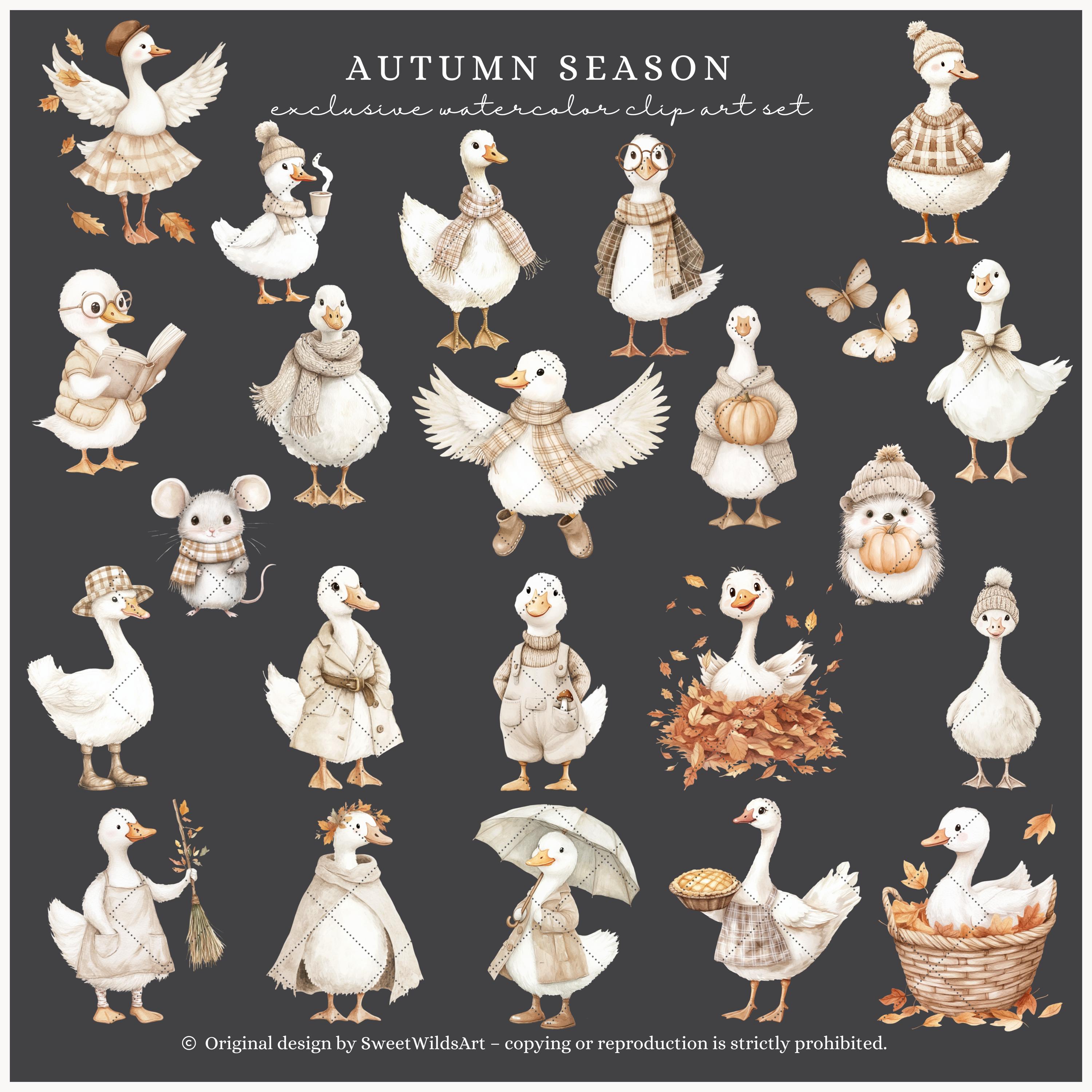 Watercolor Autumn Goose Clipart Set, Cute Fall Silly Goose PNG, Cozy ...