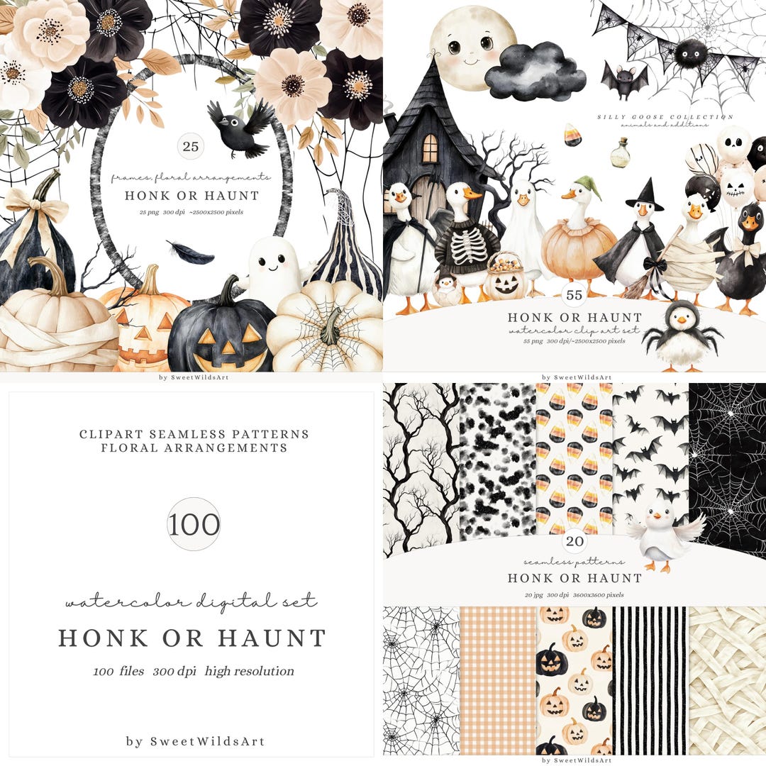 Watercolor Halloween Goose Clipart Set, Cute Spooky Geese PNG ...