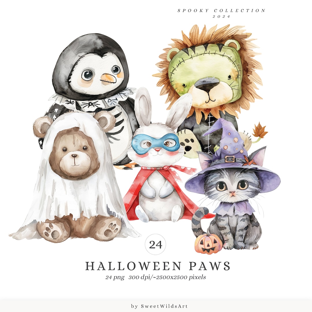 Watercolor Cute Halloween Animals Clipart, Spooky Animals Clipart, Baby ...
