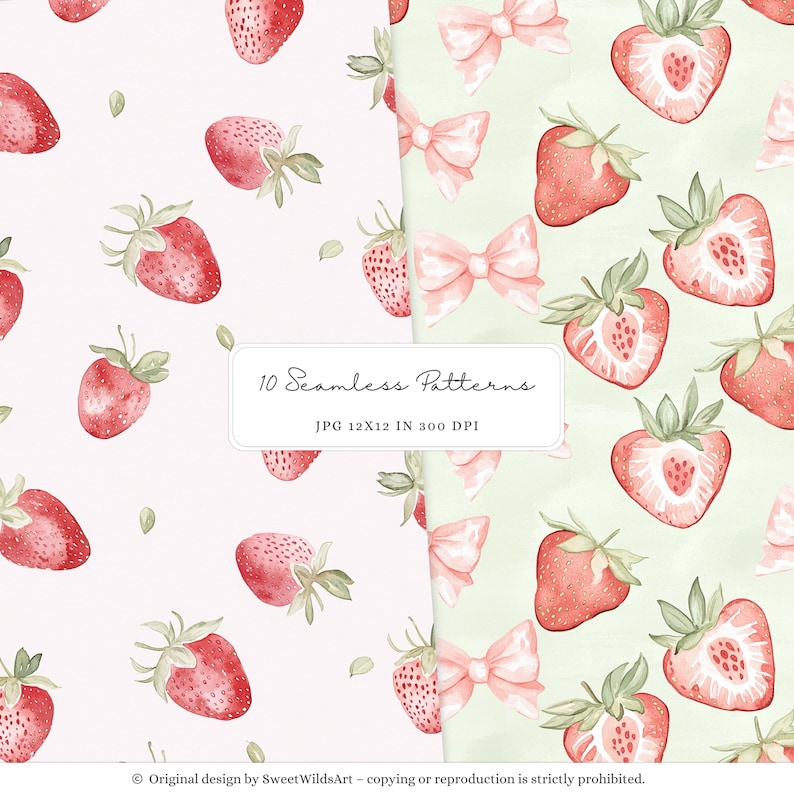 Watercolor Sweet Strawberry Seamless Patterns, Berry Pattern JPEG ...