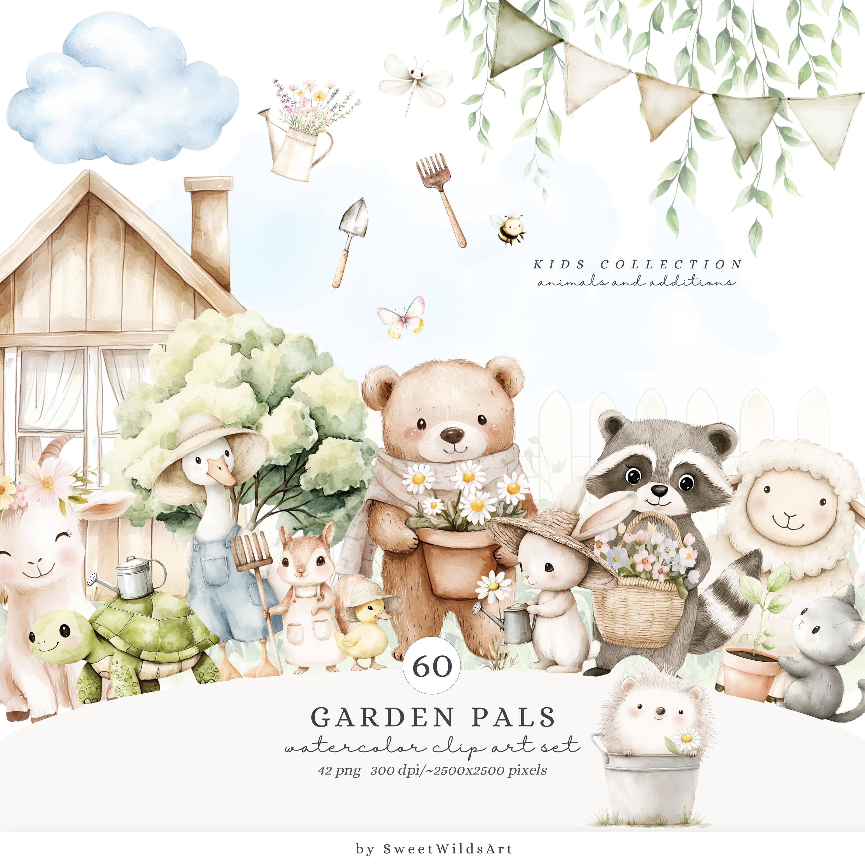 Garden Pals Watercolor Clipart Set, Cute Spring Animals Clip Art ...