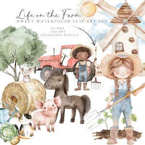 Watercolor Cute Farm Clipart, Farm Life Clip Art, Cottage Farm Animals ...