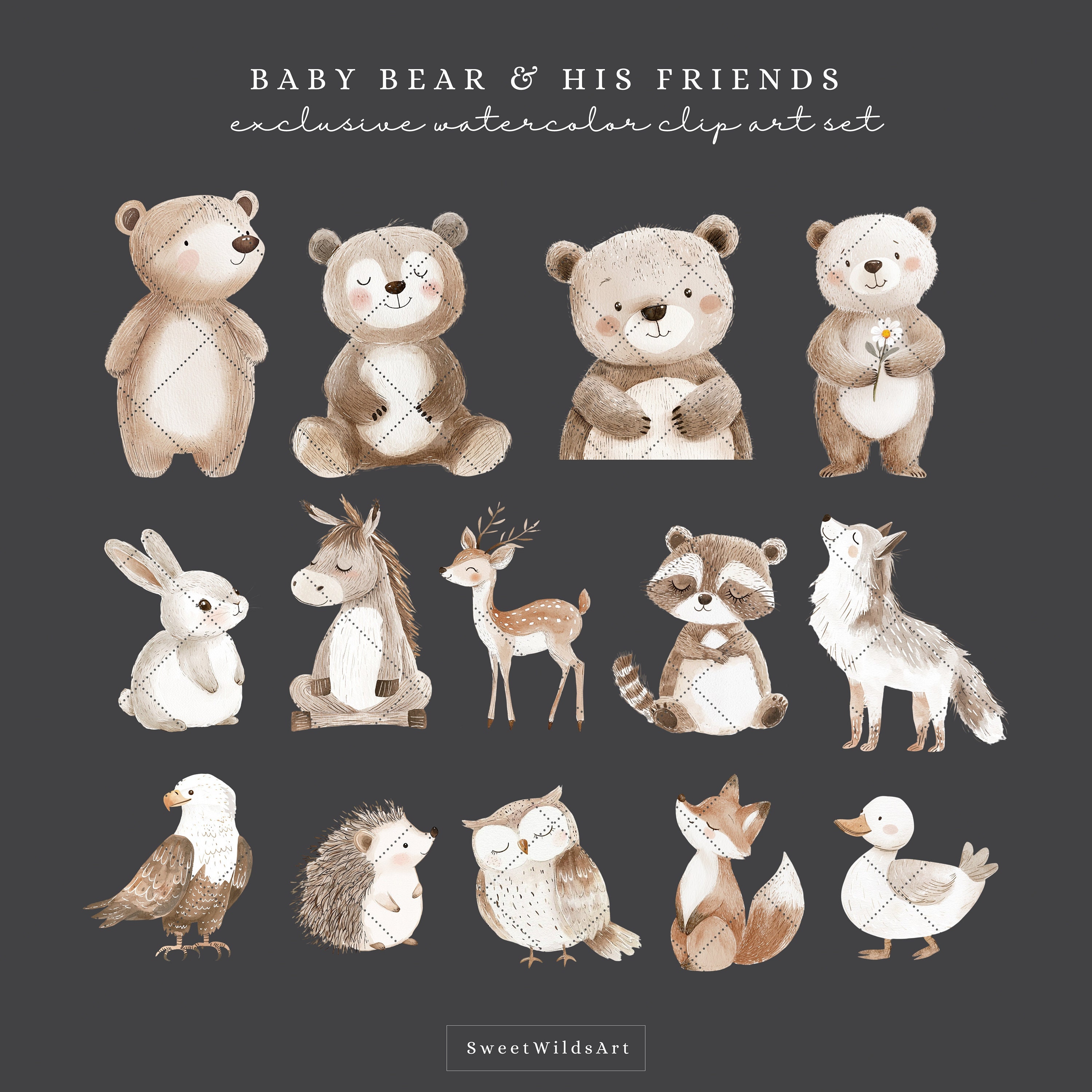Watercolor Woodland Animals Clipart, Cute Animals Clipart, Baby Bear ...