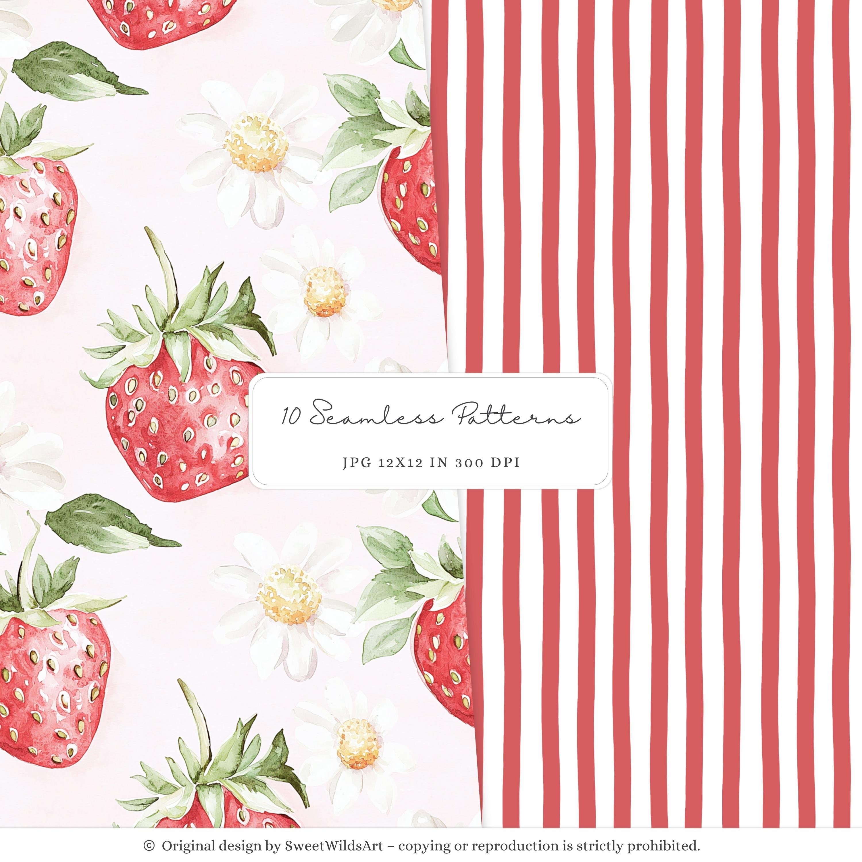 Watercolor Sweet Strawberry Seamless Patterns, Berry Pattern JPEG ...