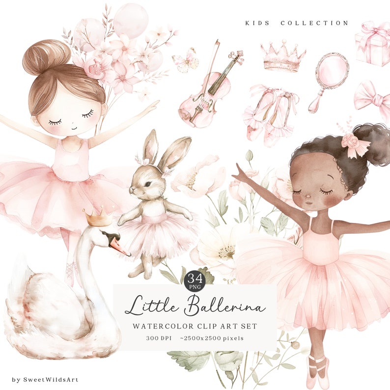 Watercolor Little Ballerina Clipart, Ballerina, Swan Lake Clipart, Pink ...