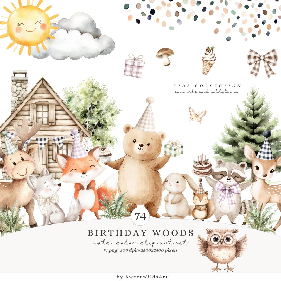 Watercolor Birthday Woods Clipart Set, Woodland Animals Birthday PNG ...