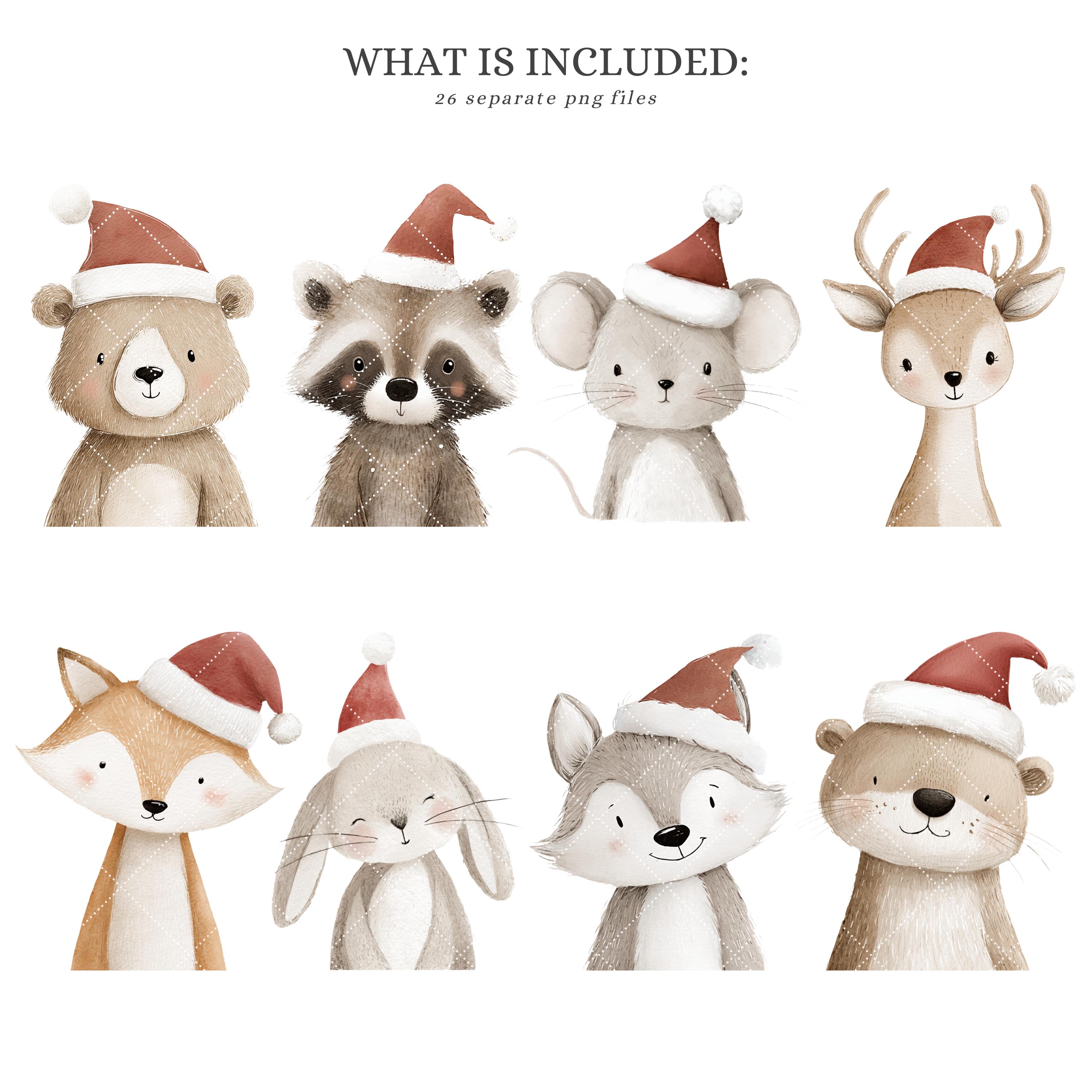 Watercolor Christmas Woodland Portraits Clipart, Cute Holiday Animals ...