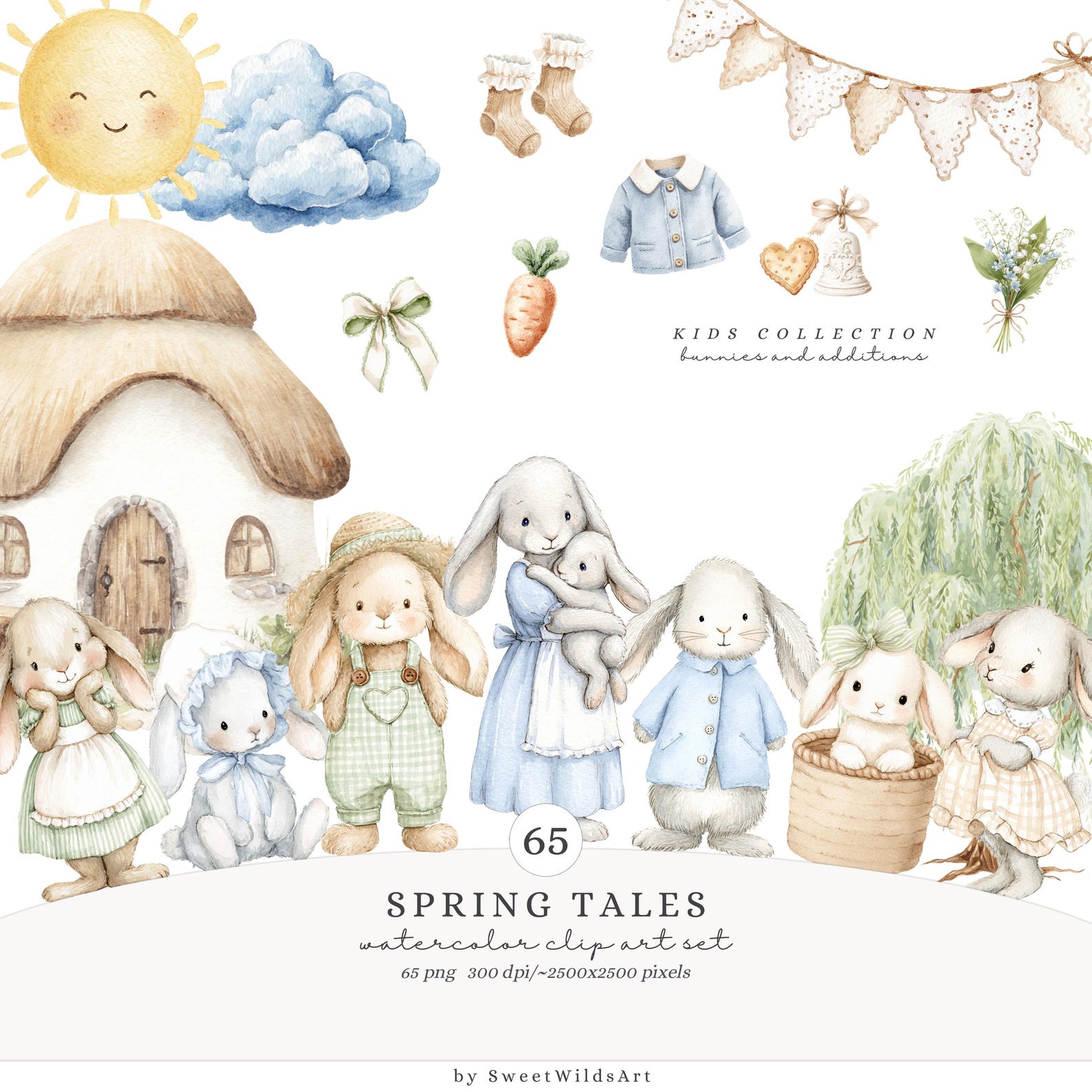 Watercolor Spring Tales Clipart, Cute Baby Bunny Clipart, Spring ...