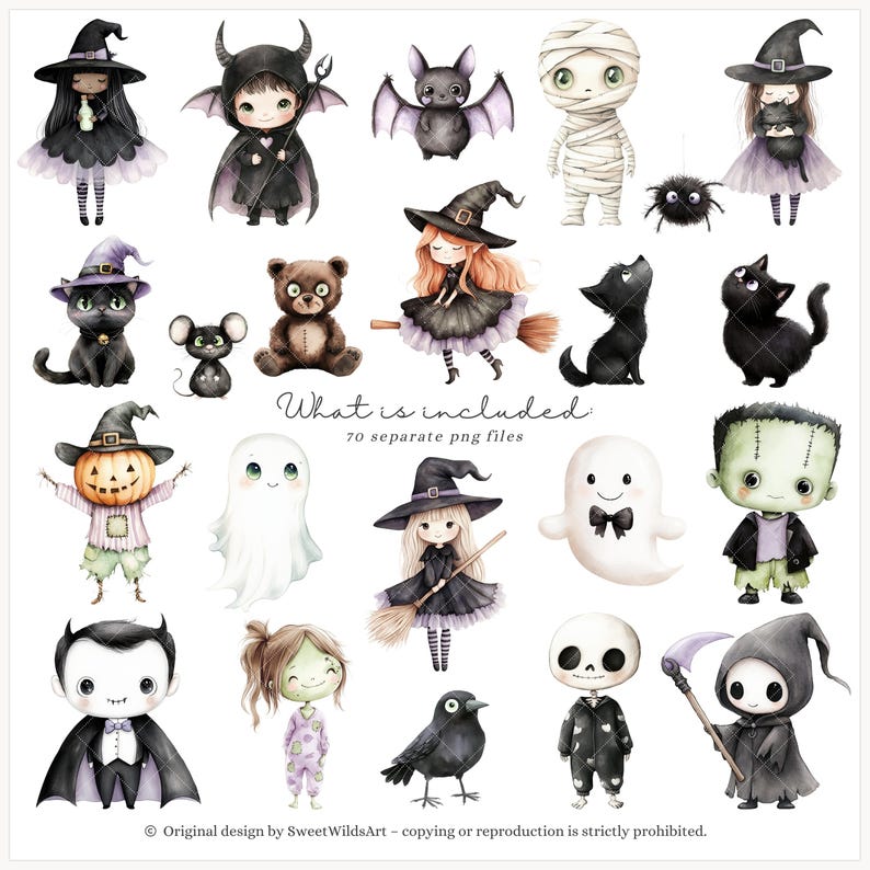 Watercolor Cute Halloween Clipart Set, Spooky PNG, Witch Clip Art ...