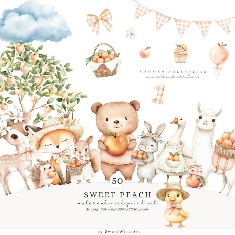 Watercolor Sweet Peach Clipart, Cute Animals Clipart, Peach Birthday ...