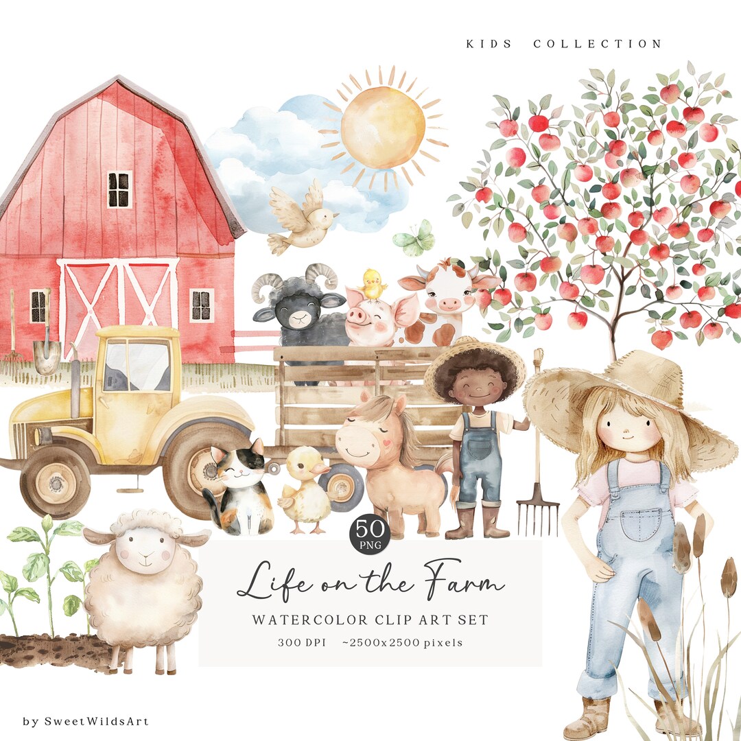 Watercolor Cute Farm Clipart, Farm Life Clip Art, Cottage Farm Animals ...