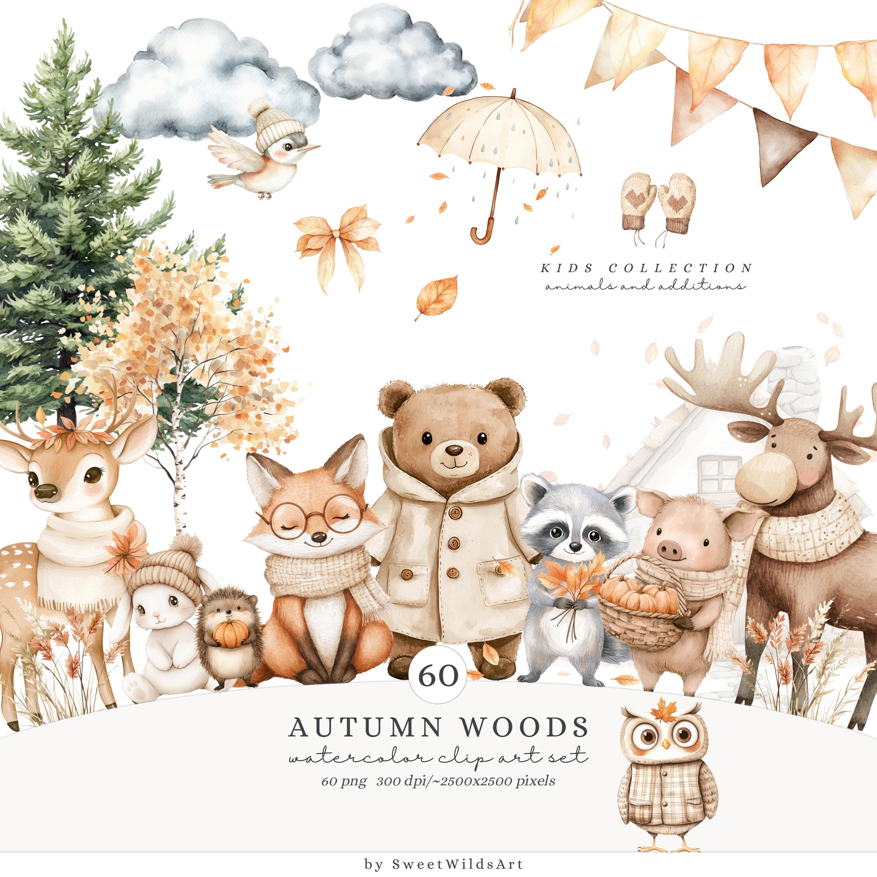 Watercolor Autumn Woods Clipart, Woodland Animals Clipart, Cute Fall ...