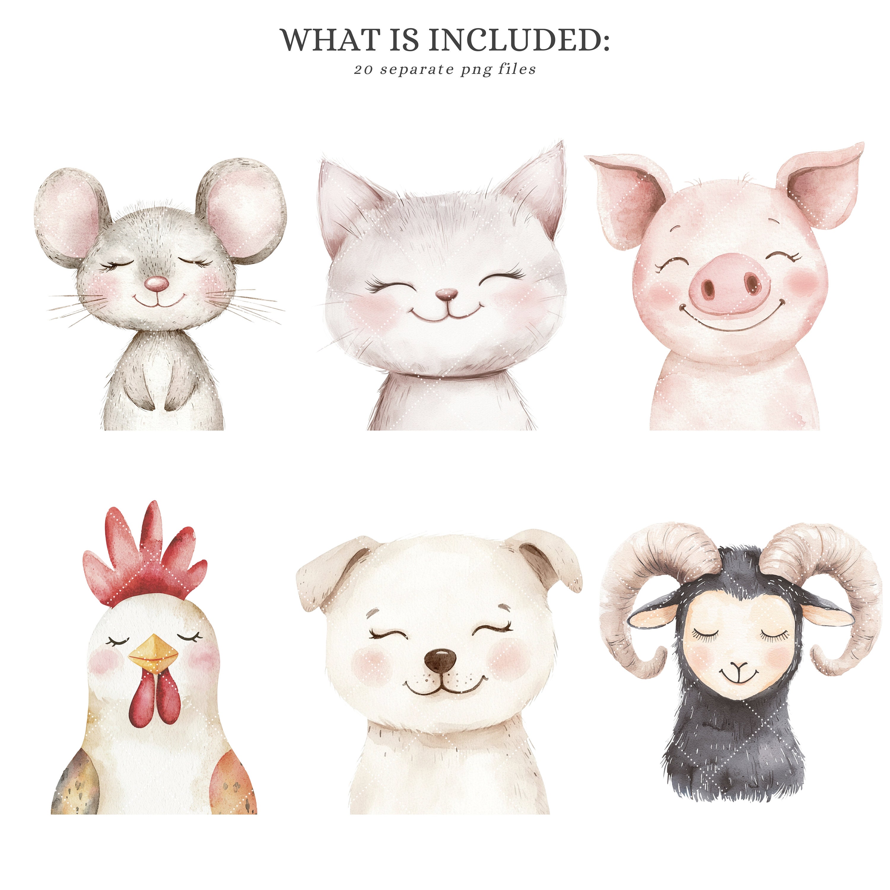 Watercolor Farm Portraits Clipart, Cute Animals Clipart, Baby Animals ...