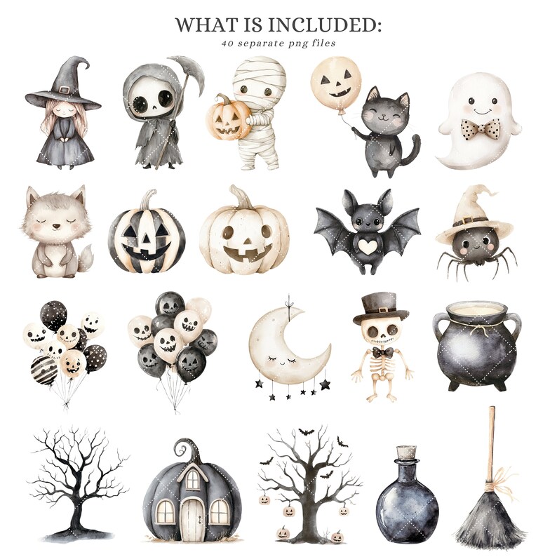Watercolor Cute Halloween Clipart Bundle, Neutral Pastel Spooky Clip ...