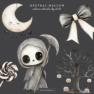 Watercolor Cute Halloween Clipart Bundle, Neutral Pastel Spooky Clip ...