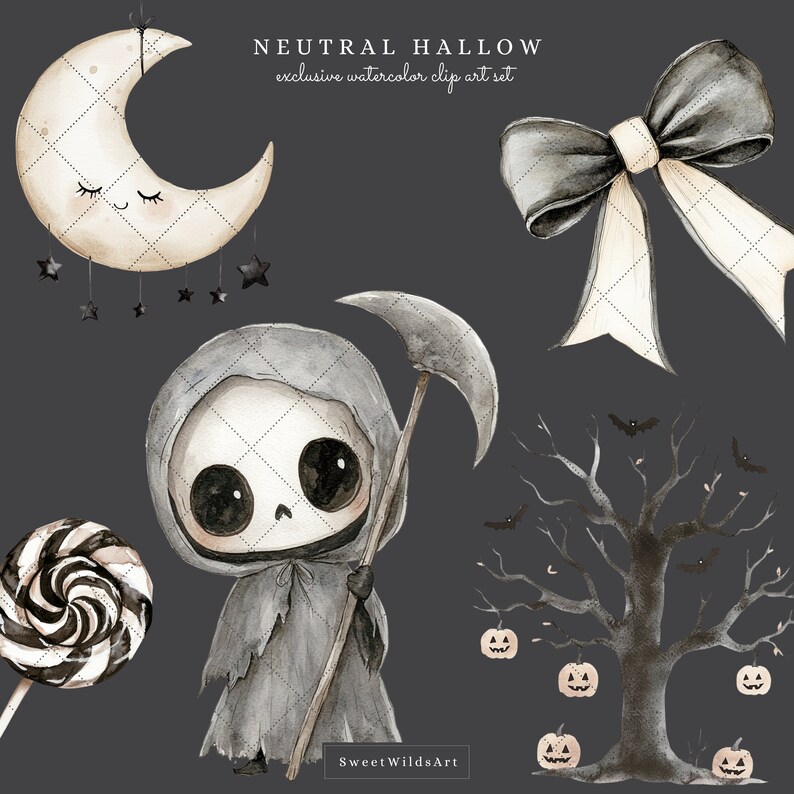 Watercolor Cute Halloween Clipart Bundle, Neutral Pastel Spooky Clip ...