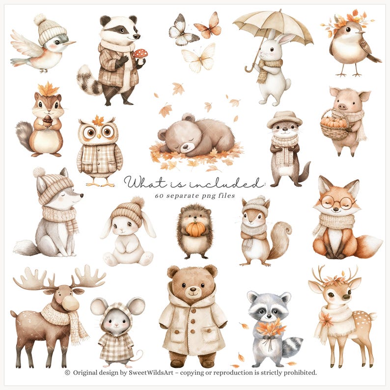 Watercolor Autumn Woods Clipart, Woodland Animals Clipart, Cute Fall ...