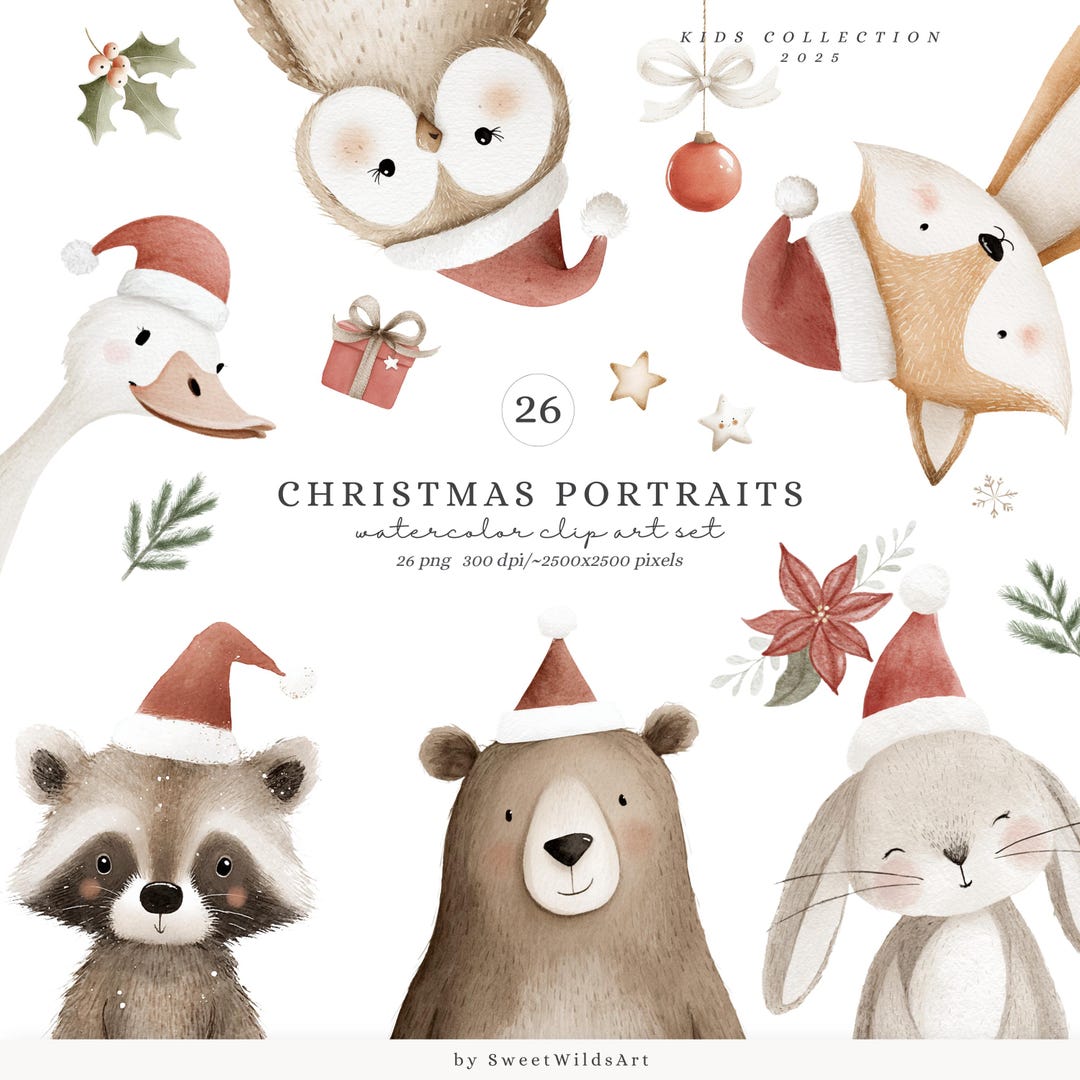 Watercolor Christmas Woodland Portraits Clipart, Cute Holiday Animals ...