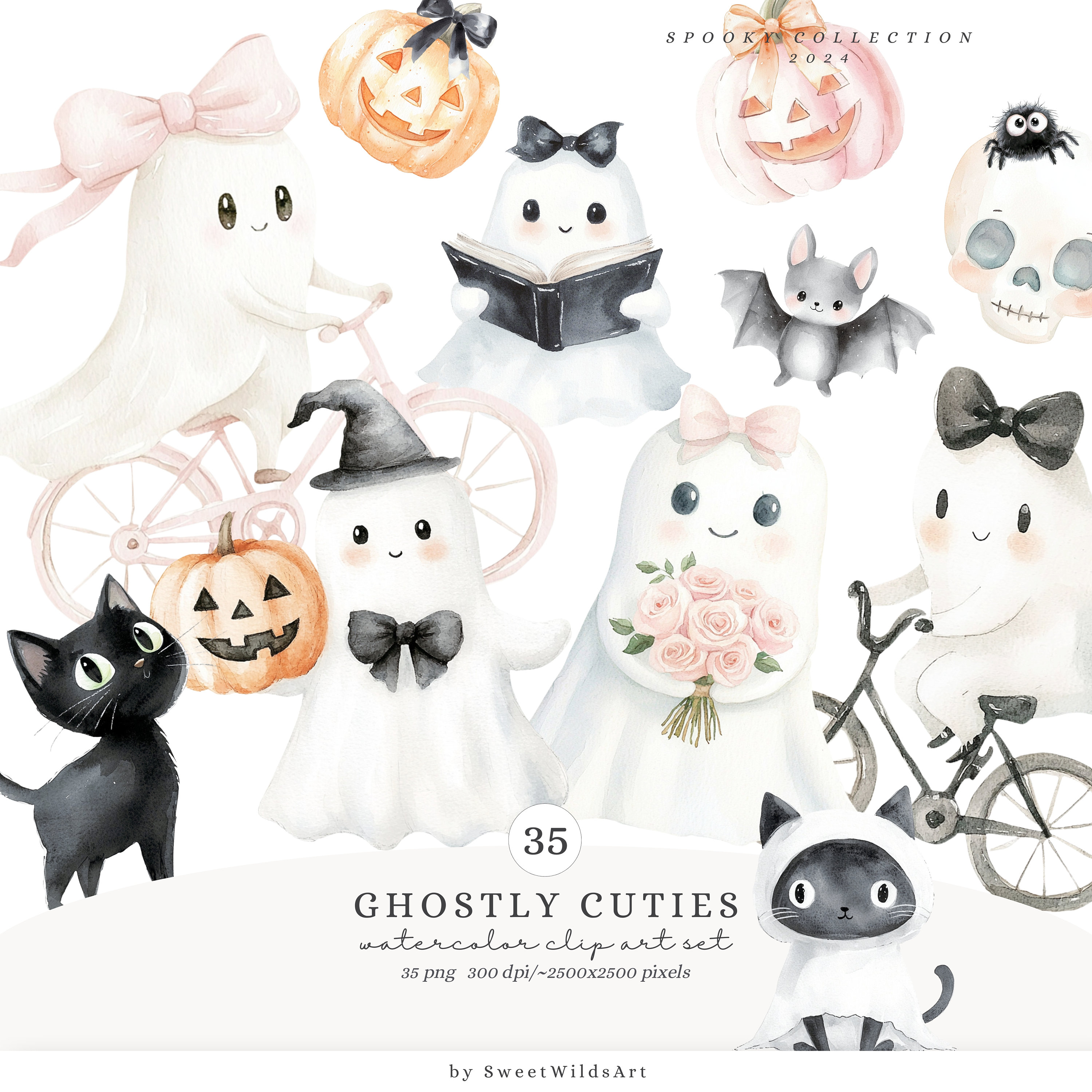 Watercolor Halloween Clipart Bundle, Ghosts, Pumpkins, PNG (digital ...