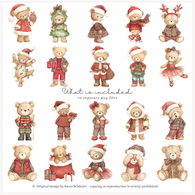 Watercolor Christmas Teddy Bears Clipart, Tartan Holiday Clipart, Cute ...