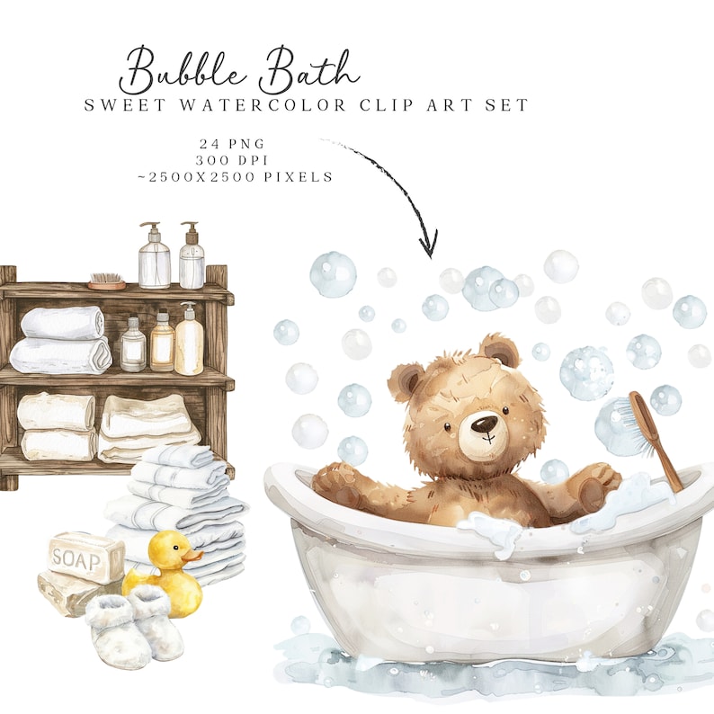 Watercolor Bubble Bath Animals Clipart, Bath Time Clip Art, Rubber Duck ...