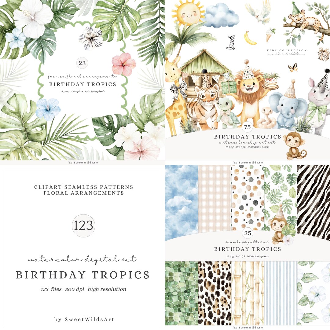 Watercolor Birthday Tropics Clipart, Jungle Birthday Clipart, Baby ...