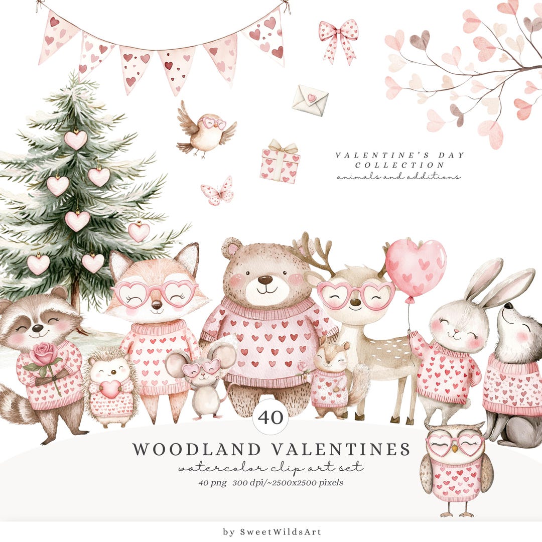 Watercolor Woodland Valentines Animal Clipart, Woodland in Love, Baby ...