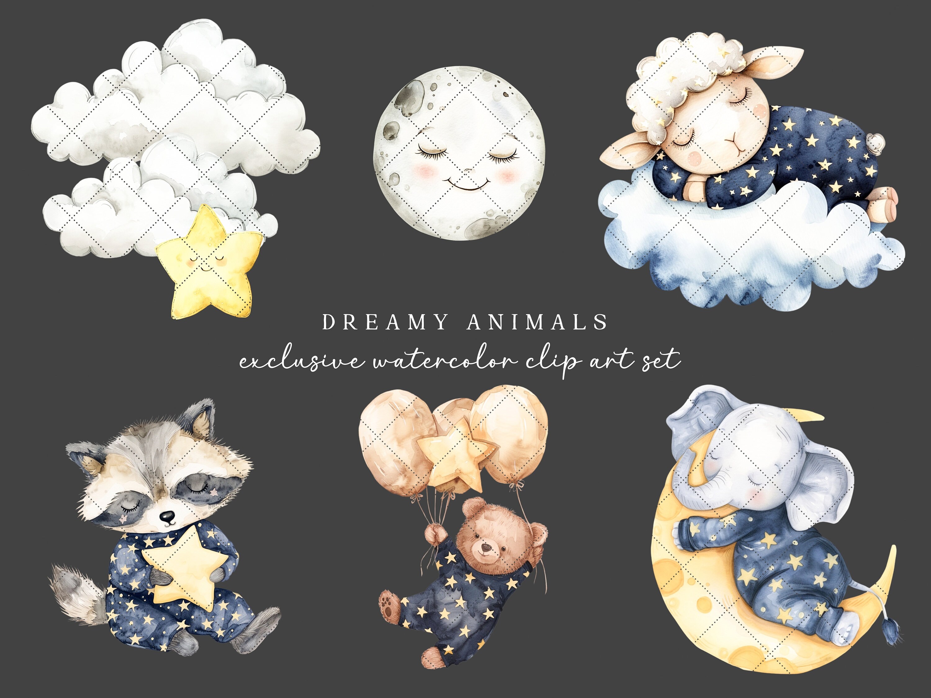 Watercolor Dreamy Animals Clipart Bundle, Night Time, Pajama Party ...