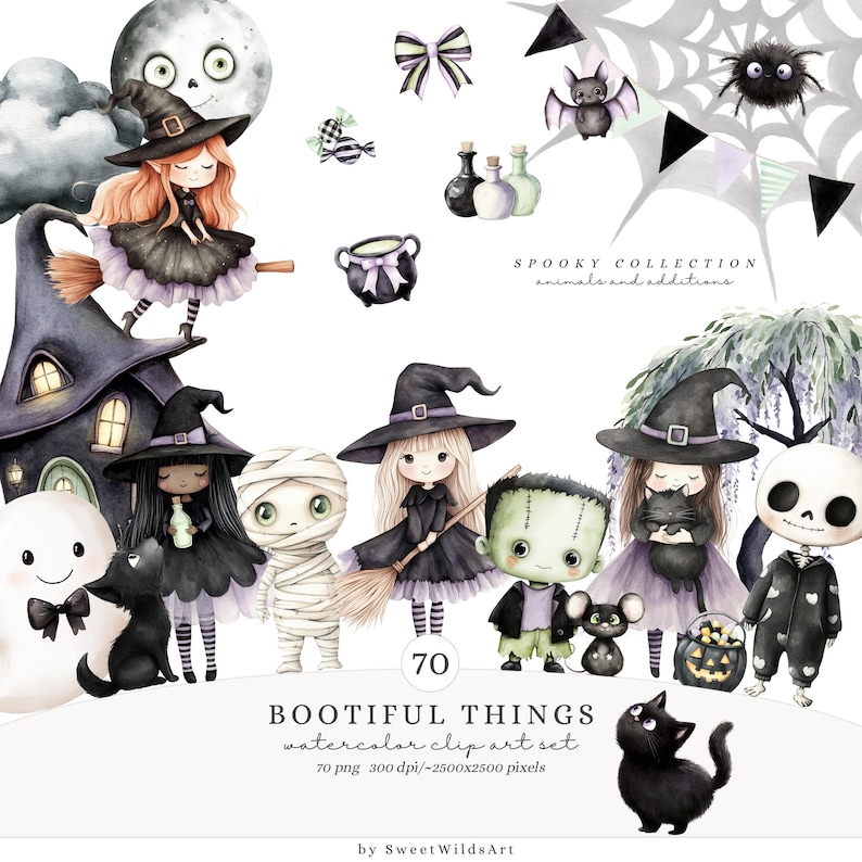 Watercolor Cute Halloween Clipart Set, Spooky PNG, Witch Clip Art ...