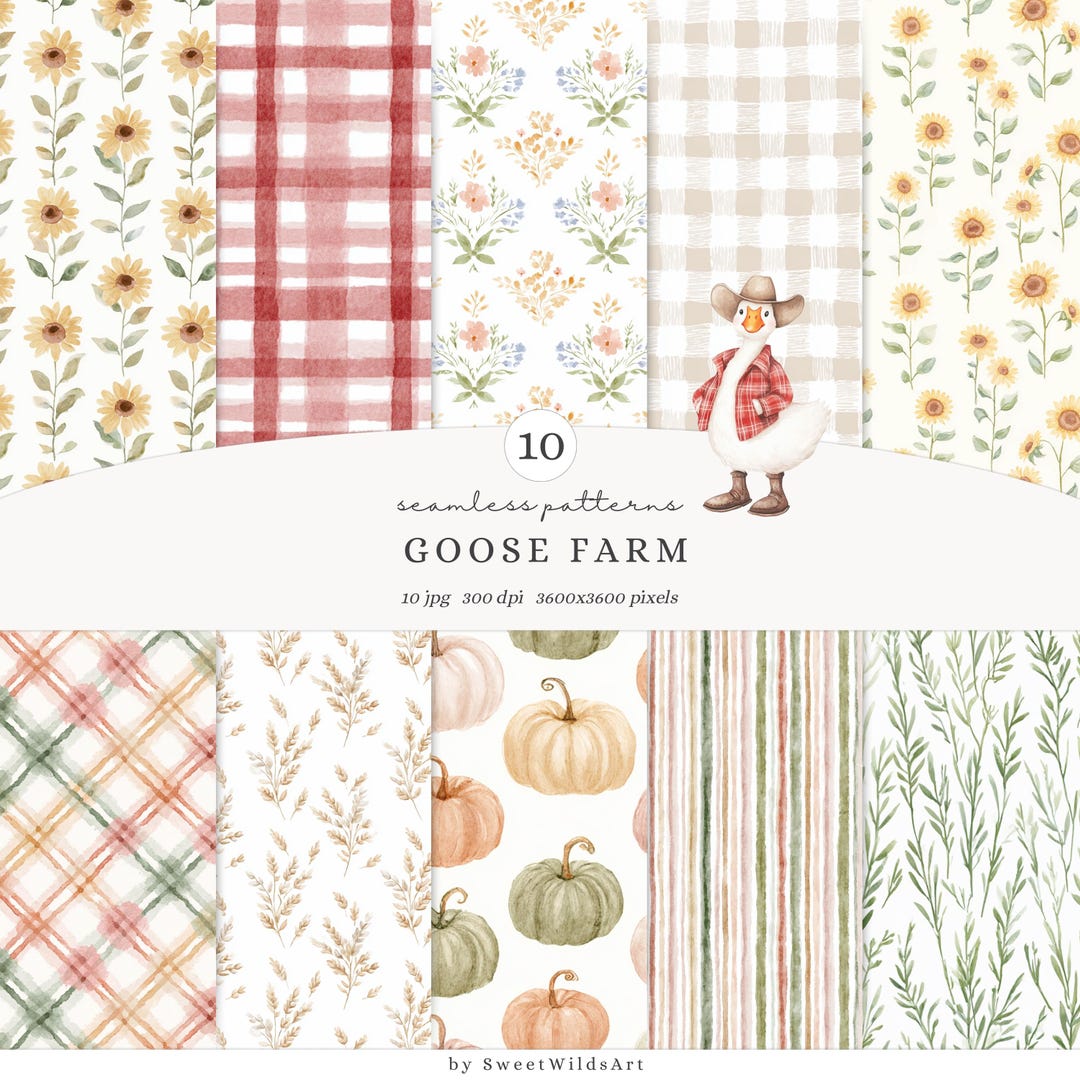 Watercolor Goose Farm Seamless Patterns, Farm Prints, Plaid Pattern ...