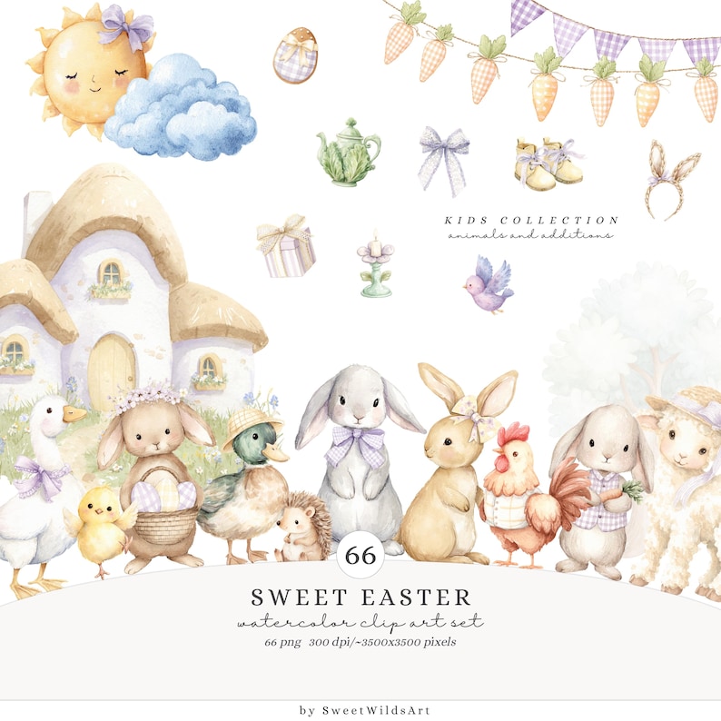 Watercolor Sweet Easter Clipart, Cute Baby Animals PNG, Bunny Duck ...