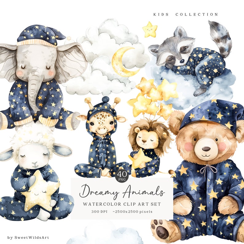 Watercolor Dreamy Animals Clipart Bundle, Night Time, Pajama Party ...