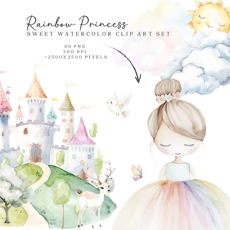 Watercolor Little Princess Clipart, Rainbow Princess Clip Art, Unicorn ...