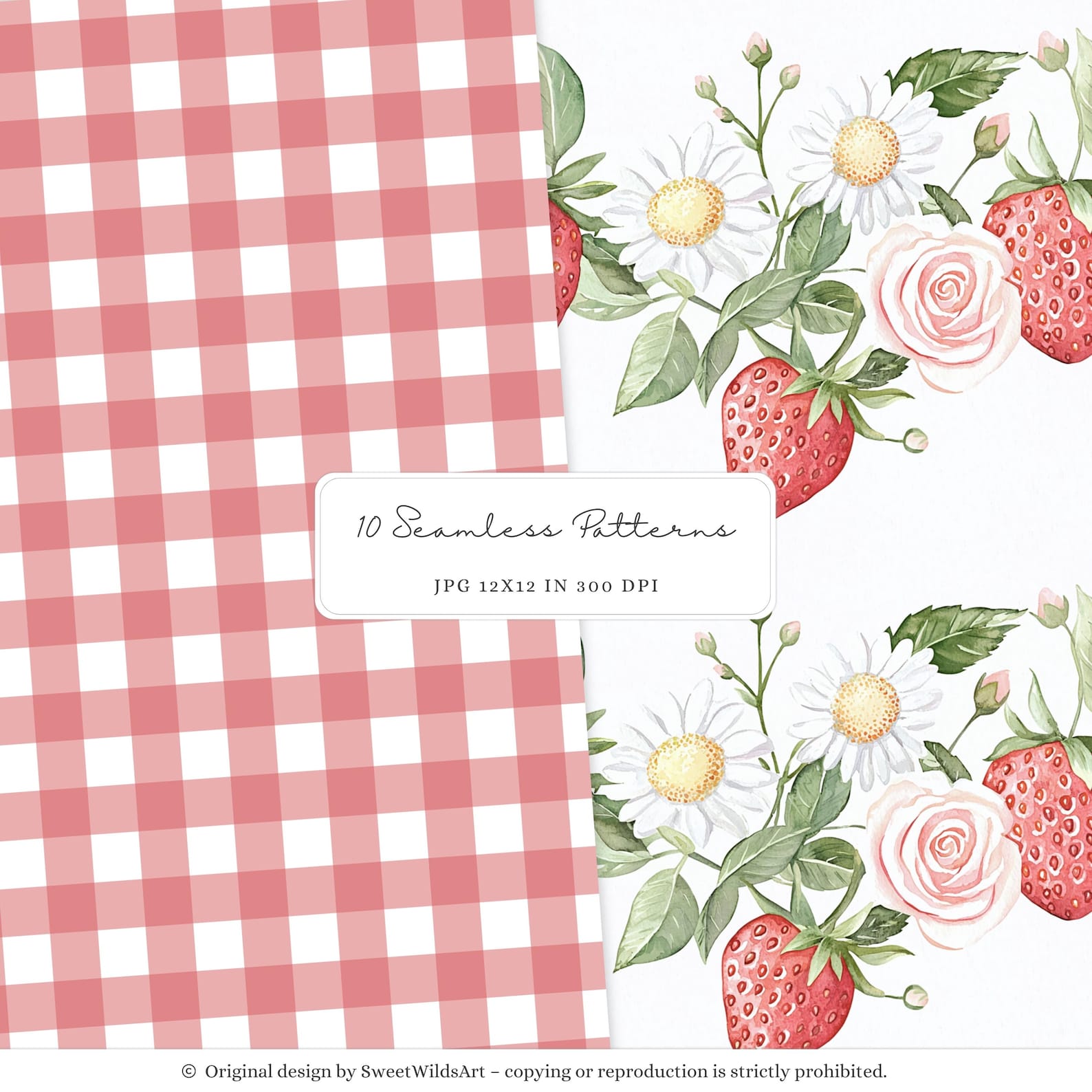 Watercolor Sweet Strawberry Seamless Patterns, Berry Pattern JPEG ...