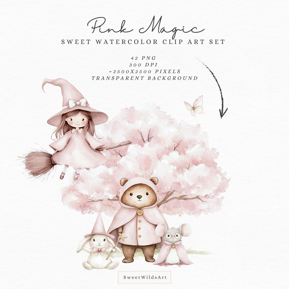 Watercolor Pink Magic Clipart, Baby Animals Clip Art, Cute Animal PNG ...