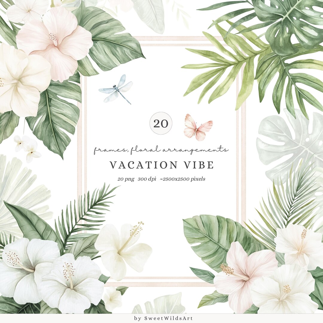 Watercolor Vacation Vibe Floral Arrangements Clipart, Summer Tropical ...