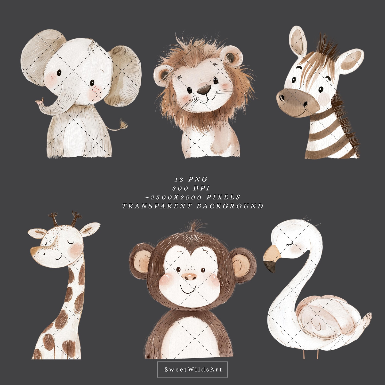 Watercolor Safari Portraits Clipart, Cute Animals Clipart, Baby Animals ...