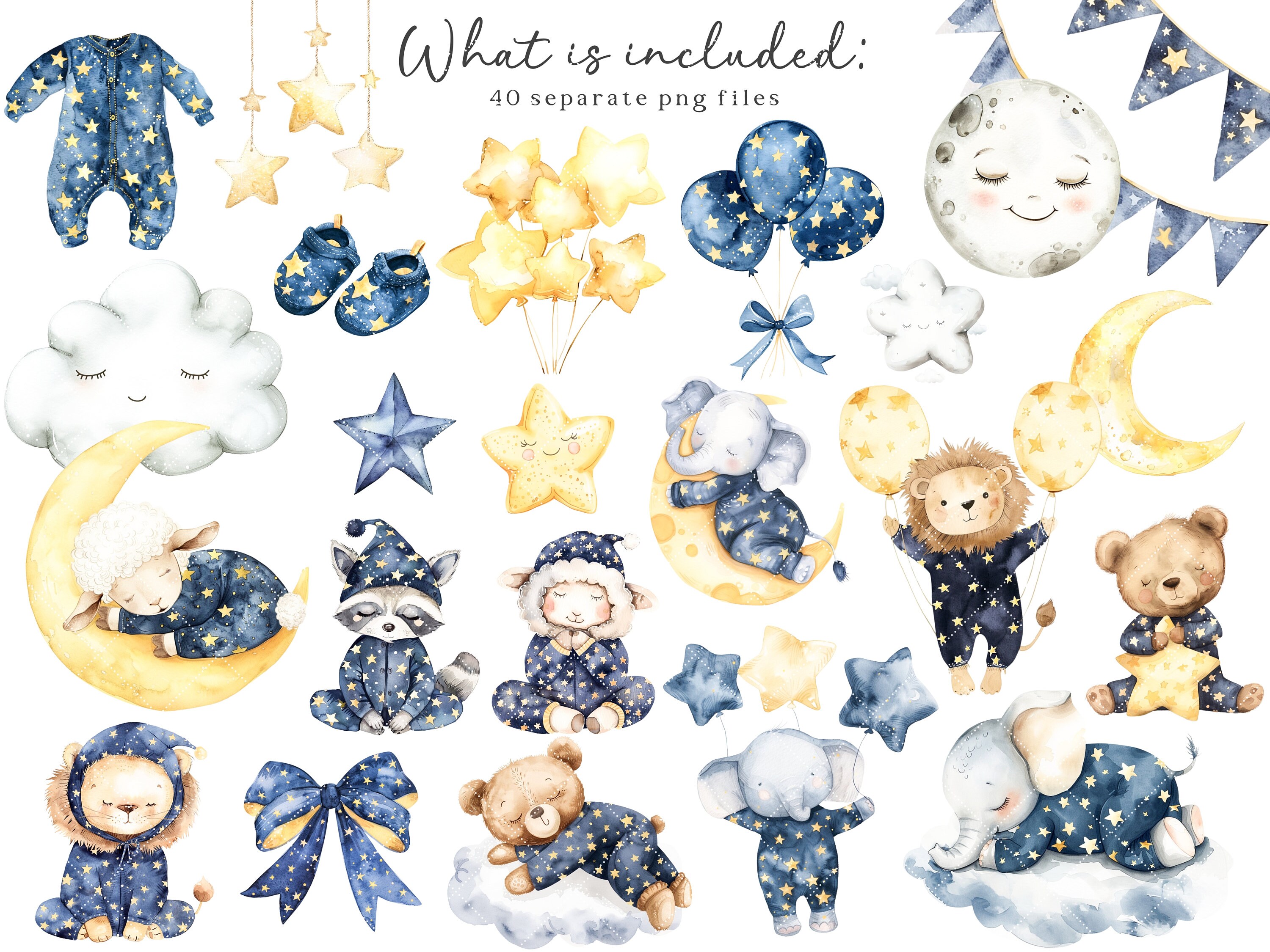 Watercolor Dreamy Animals Clipart Bundle, Night Time, Pajama Party ...