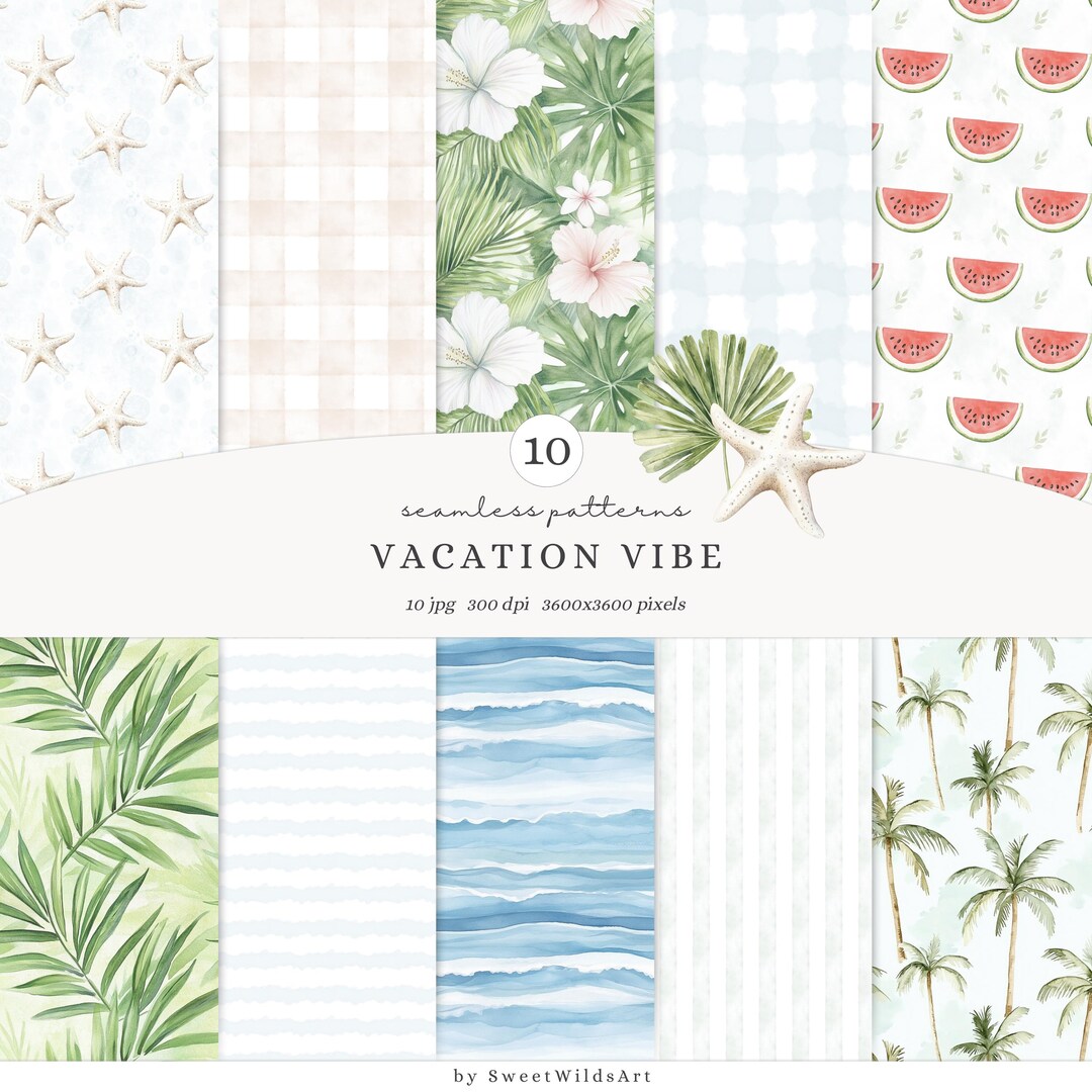 Watercolor Vacation Vibe Seamless Patterns, Tropical Beach Digital ...