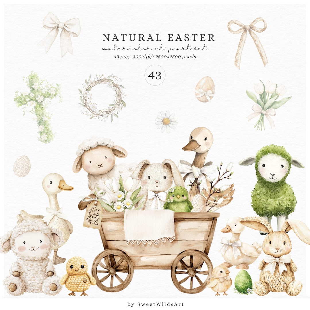 Watercolor Cute Easter Clipart, Natural Easter Clip Art, Bunny, Chick ...